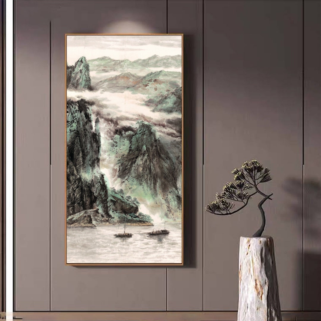 Vertical Shan Shui Painting Wall Art Décor, Giclee Art Print, Mountains ...
