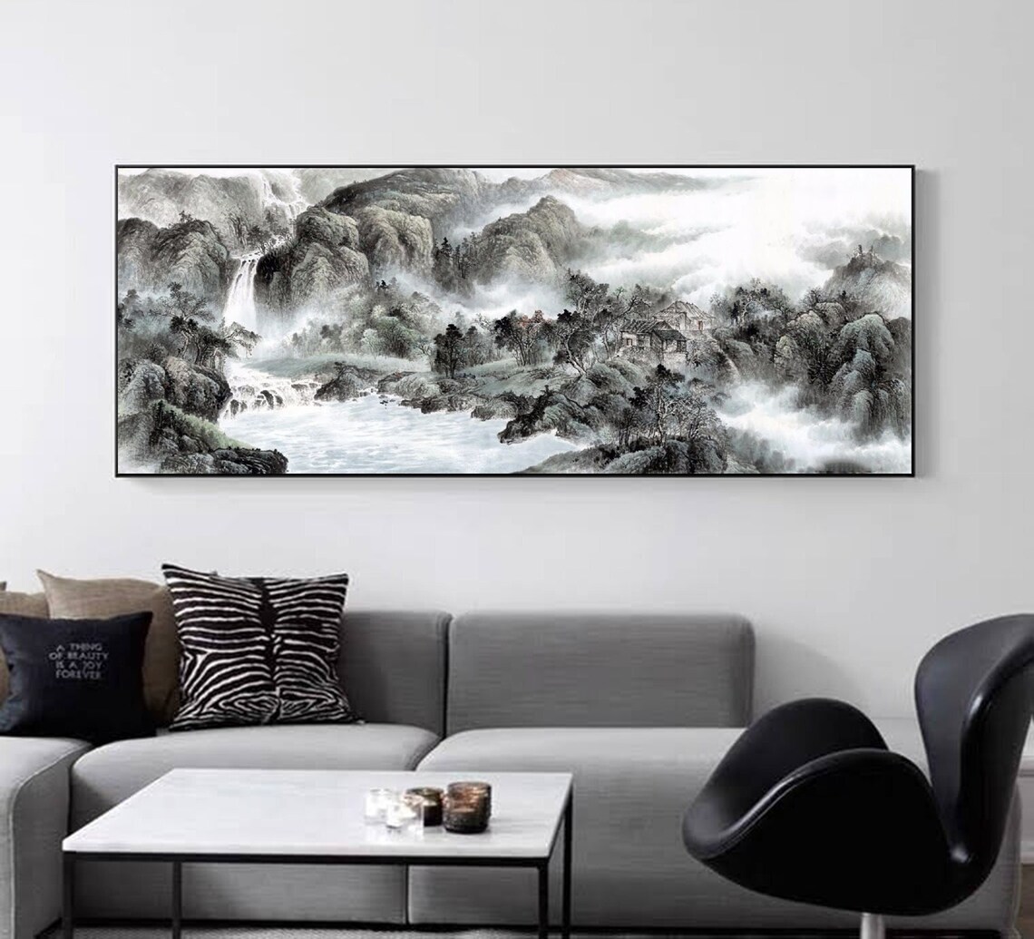 Black and White Mountain Painting, Misty Mountain Landscape Art ...