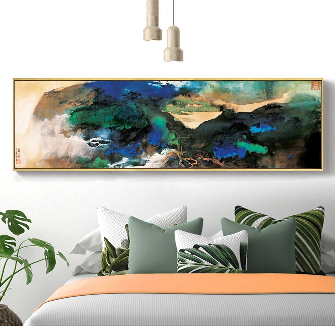 Extra Long Narrow Horizontal Abstract Ink Wash Painting, Achensee Lake ...