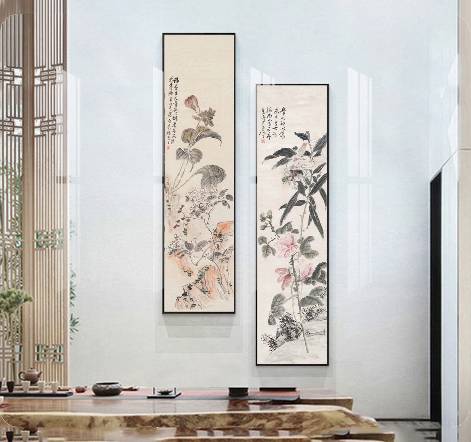 Classic Long Slender Vertical Chinese Style Botanic Painting | Etsy