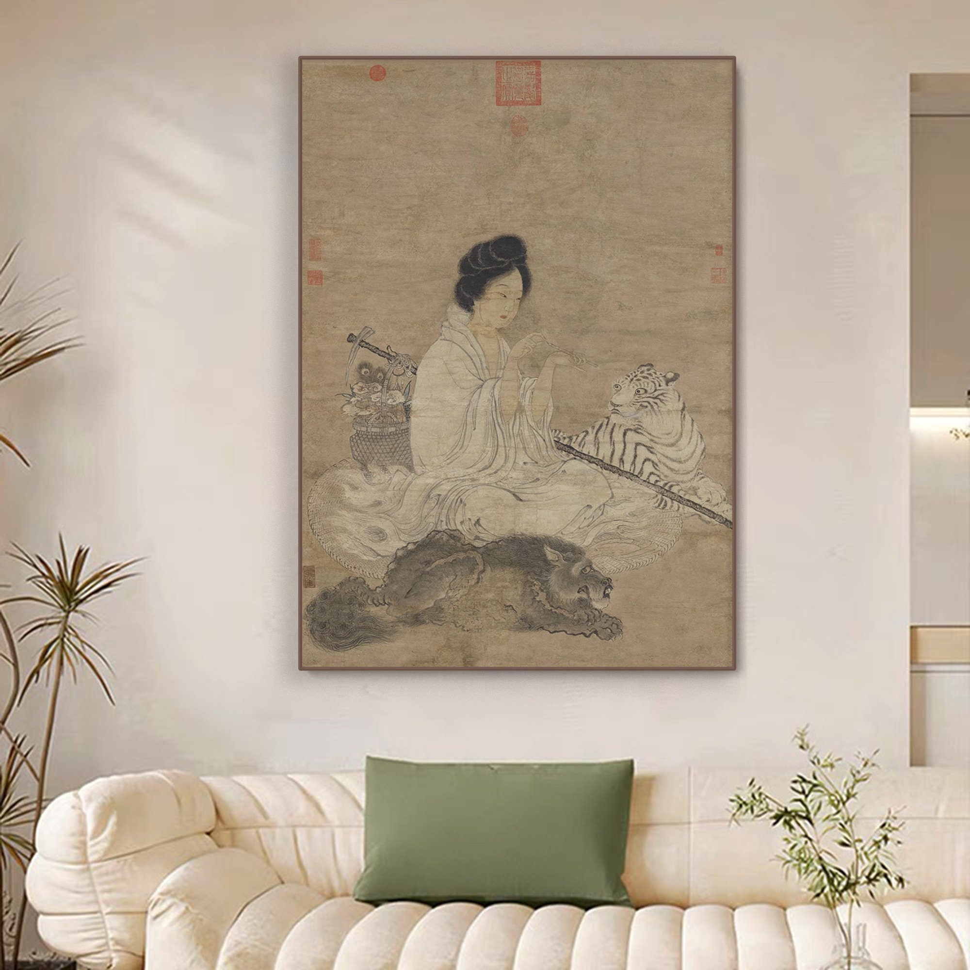 Fairy in White, White Tiger, Lion, Gongbi Maid Painting, Graceful ...