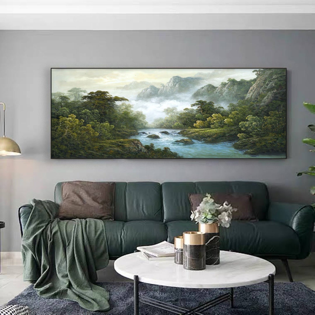 Large Horizontal Natural Scenery Painting, Vast Water Areas, Mountains ...