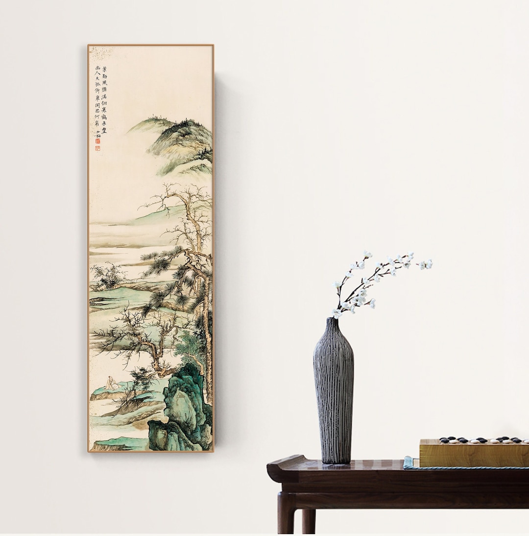 Long Vertical Narrow Shan Shui Art Scroll Hanging, East Asian Landscape ...