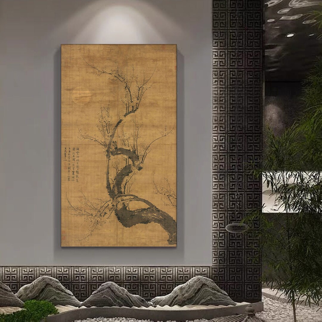 Extra Large Retro Medieval East Asian Plum Painting, Giclee Silk Print ...