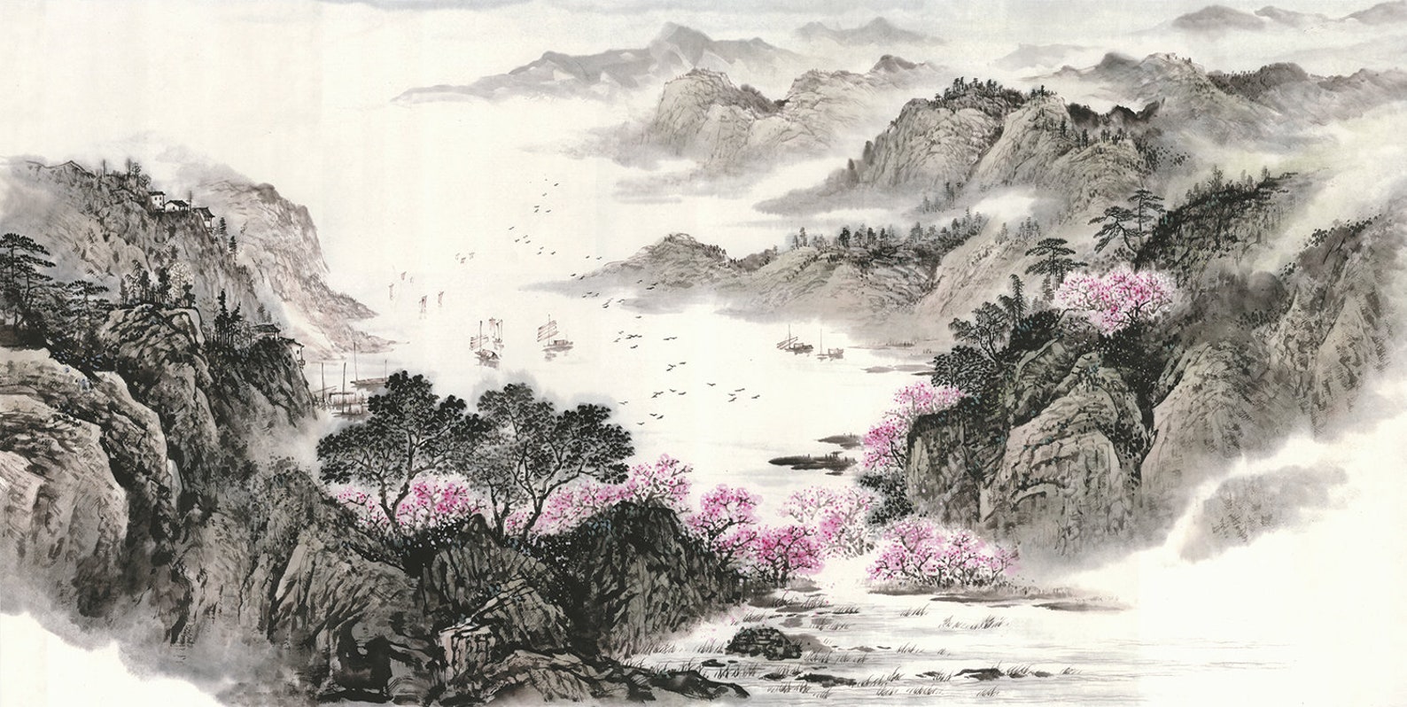 Horizontal Chinese Landscape Painting Art Print Peach Tree - Etsy