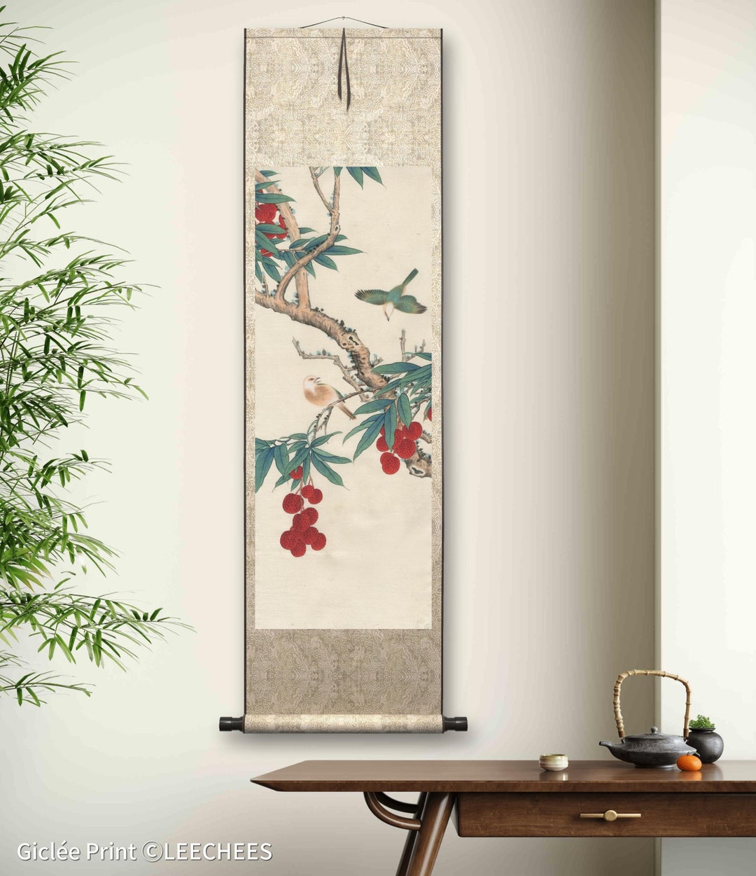 Lychee and Little Blue Birds, Chinese Traditional Gongbi Painting, Bird ...