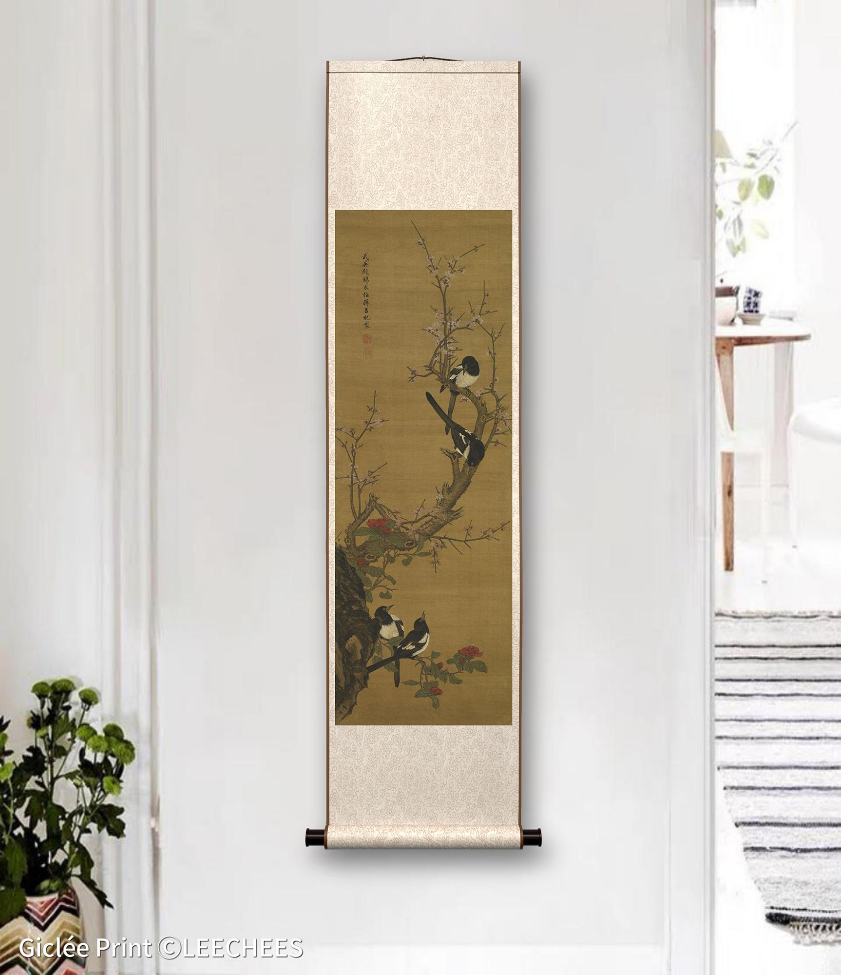 Four Magpies in Early Spring, Vintage Retro Chinese Wall Hanging ...