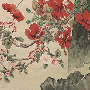 Chinese Traditional Gongbi Painting, Horizontal Narrow Floral and Bird ...