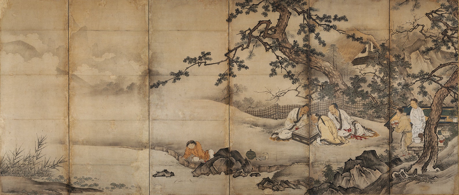 Japanese Literati Painting Screen Art, Playing Go Under the Pine Tree ...