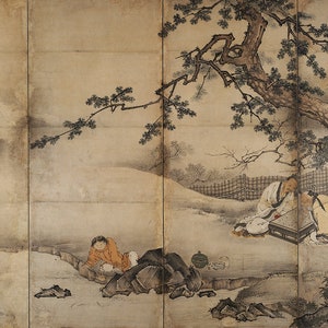 Japanese Literati Painting Screen Art, Playing Go Under the Pine Tree ...