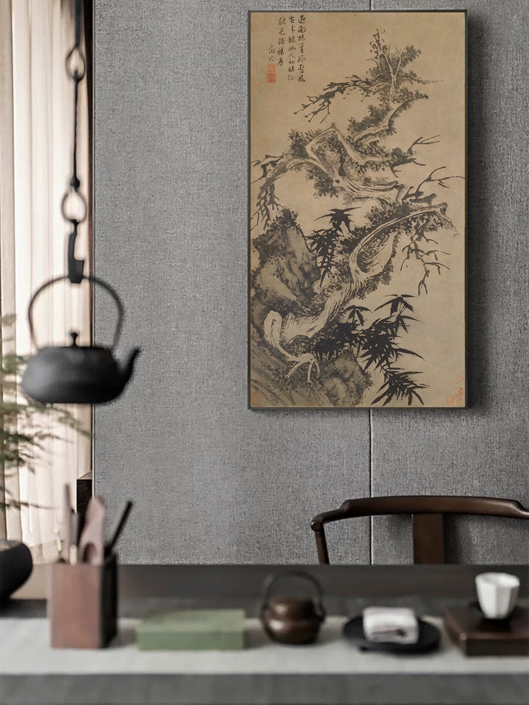 Dragon Tree and Bamboo Art, Ink on Xuan Paper, Chinese Ancient Painting ...