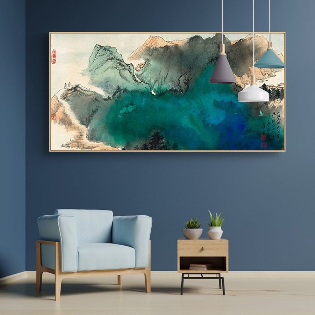 Extra Large Horizontal Abstract Ink Wash Art, Zhang Daqian, Blue-green ...