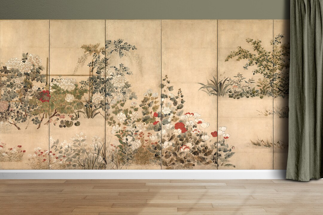 Seasons Flower Art, Asian Botanic Screen Painting Wall Décor, Removable ...