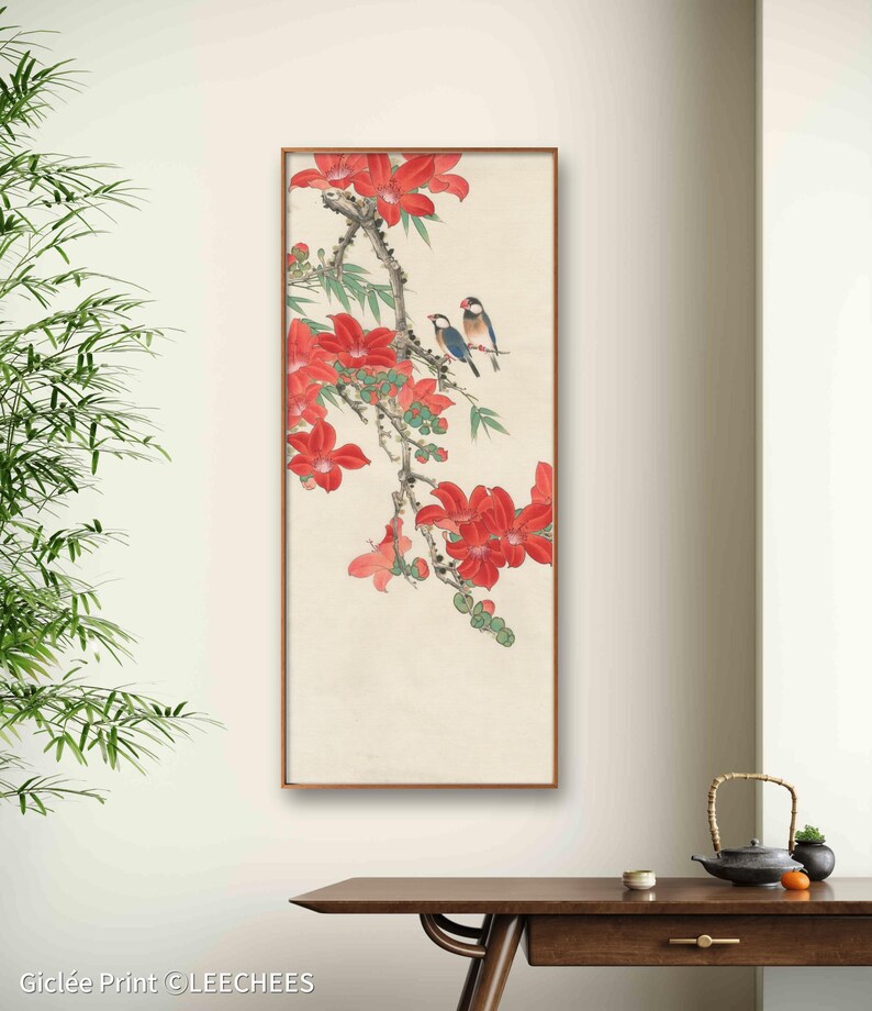 Red Azalea Blossoms and Little Blue Birds, Chinese Traditional Gongbi ...