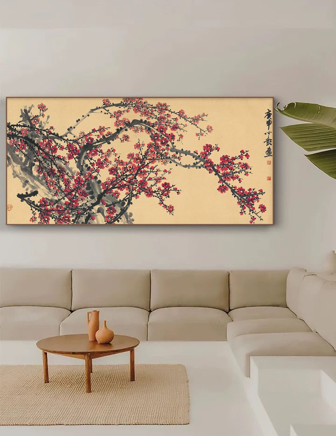 Passionate Full Bloomed Red Plum on Vintage Color Paper, Chinese Red ...