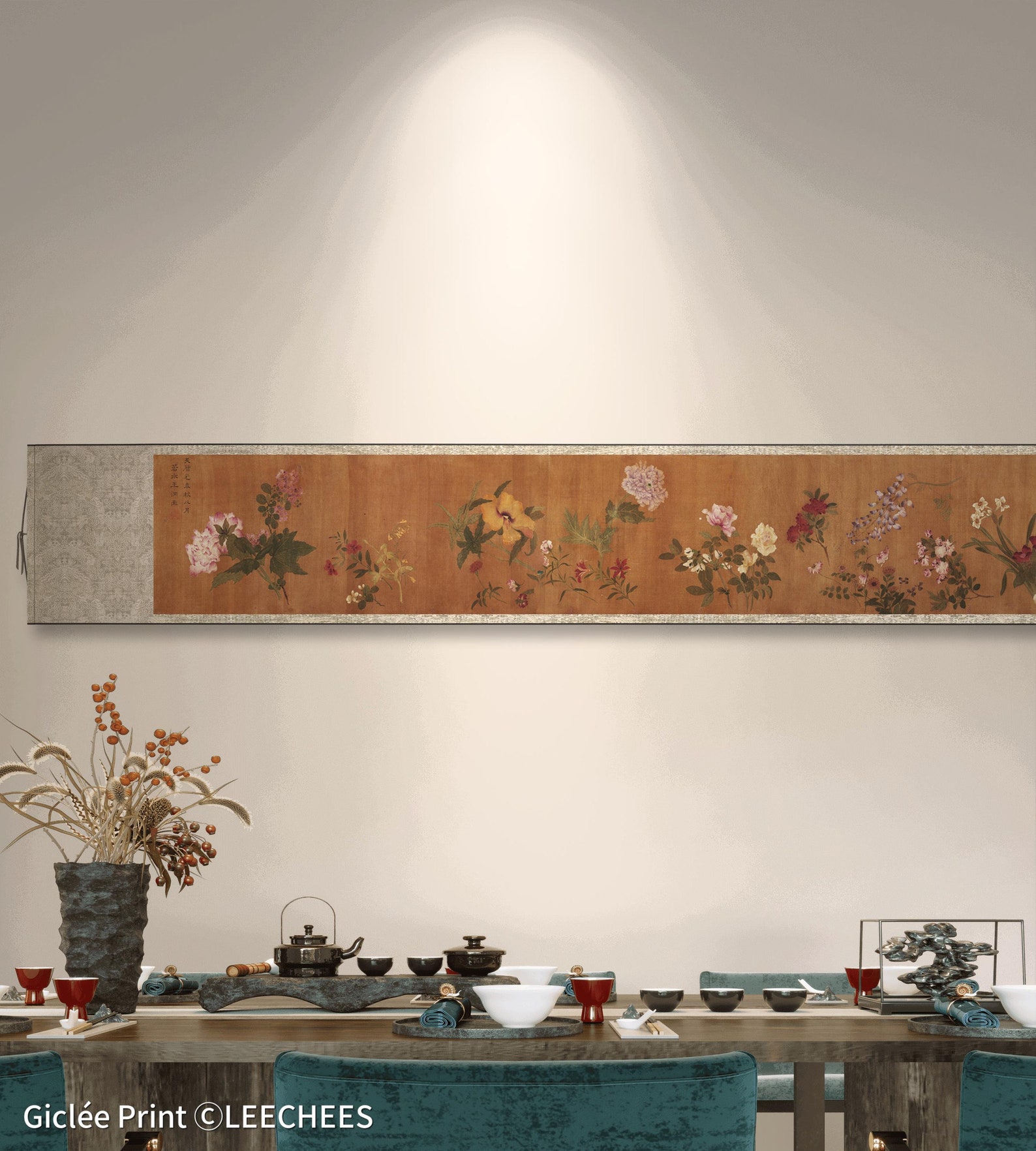 East Asian Botanic Wall Art, Extra Wide Narrow Flowers Meticulous ...