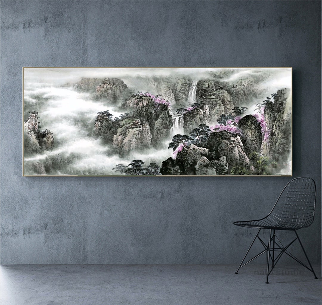 Dramatic Cloudy Mountain Ink Wash Art, Chinese Feng Shui Landscape ...