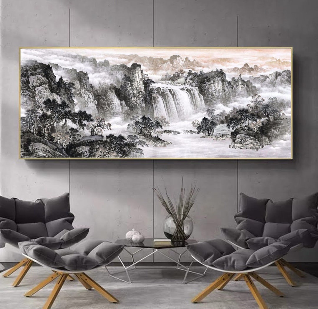 Extra Large Horizontal Shan Shui Wall Art, Ink Wash Painting, High ...