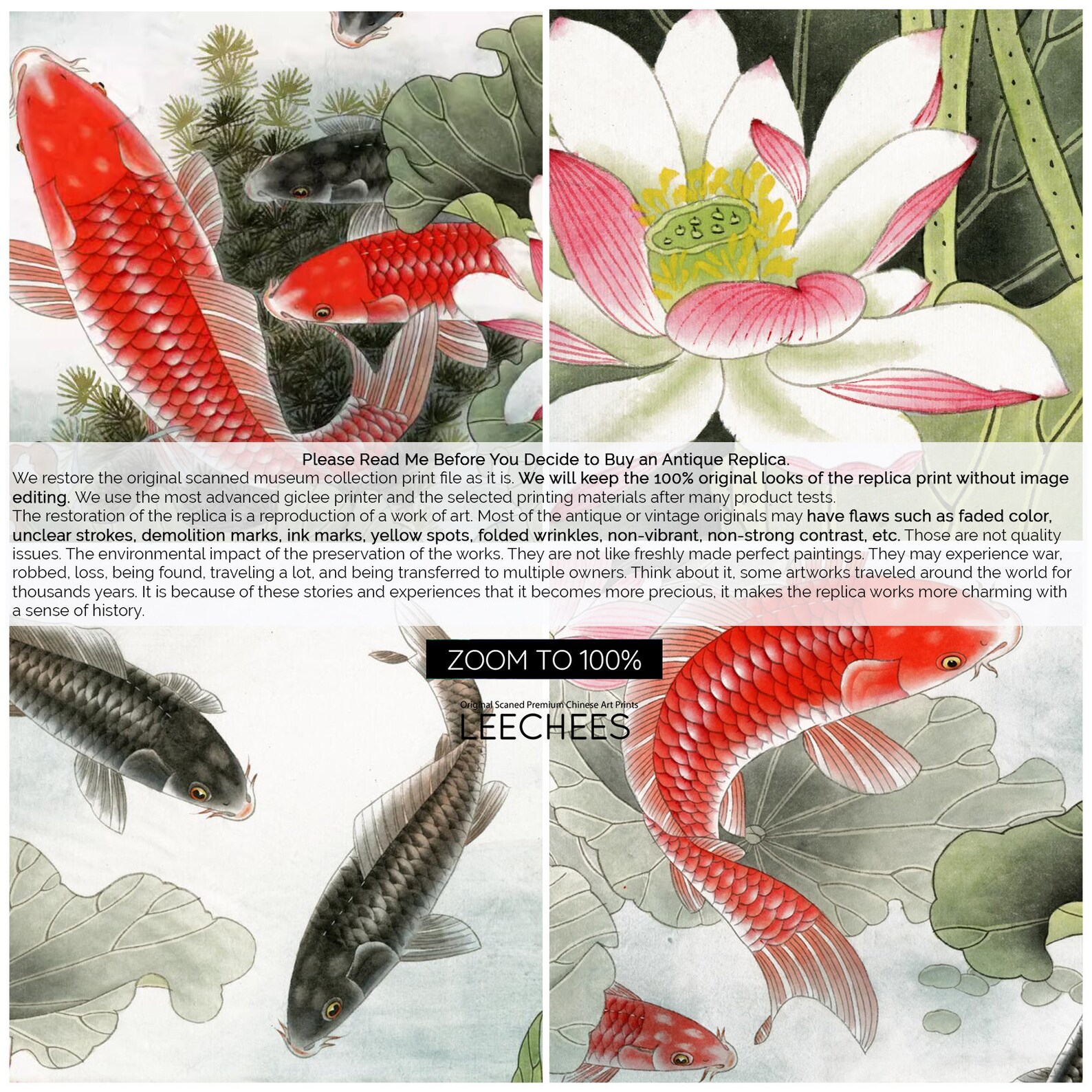 Lotus and Koi Art, Auspicious Art, Large Vertical Chinese Traditional ...
