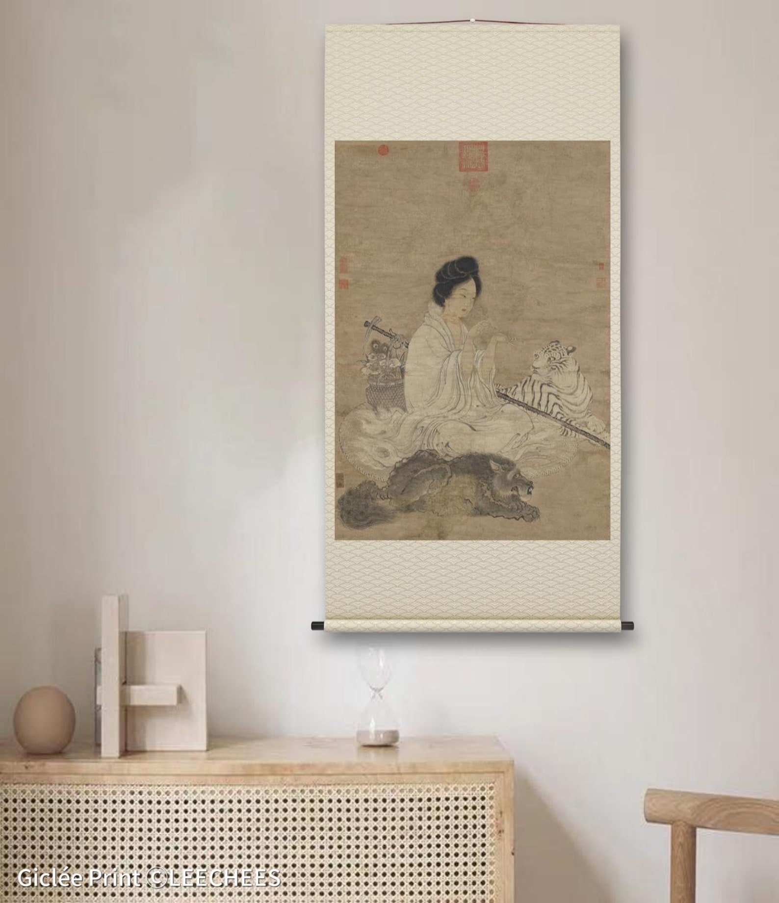 Fairy in White, White Tiger, Lion, Gongbi Maid Painting, Graceful ...