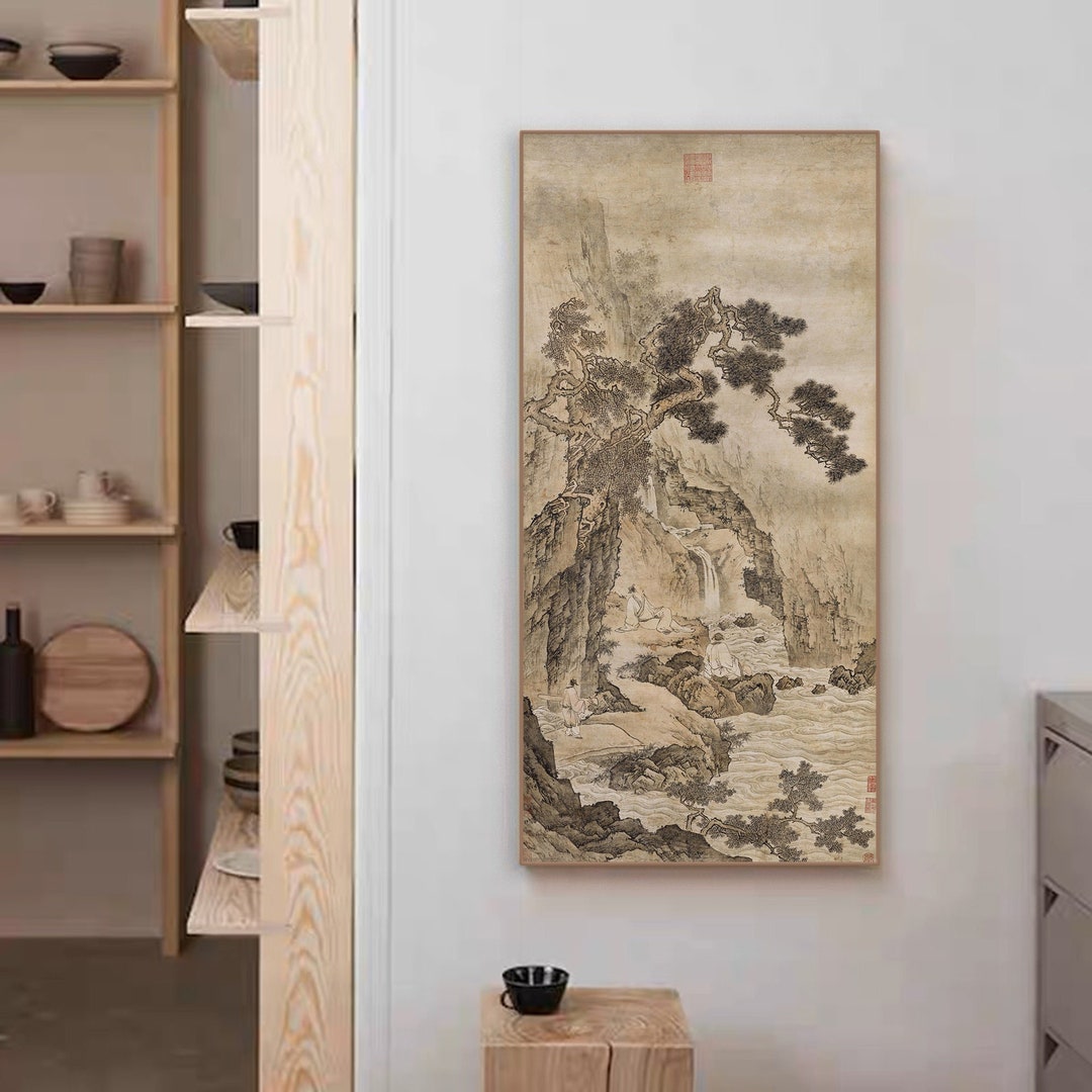 Pine Mountain and Waterfalls, Chinese Traditional Landscape Painting ...
