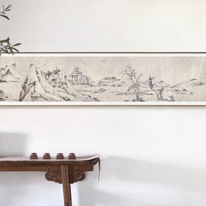 Antique Chinese Painting Silk Print, 清 弘仁 曉江風便圖卷, 1661/ Qing Dynasty ...