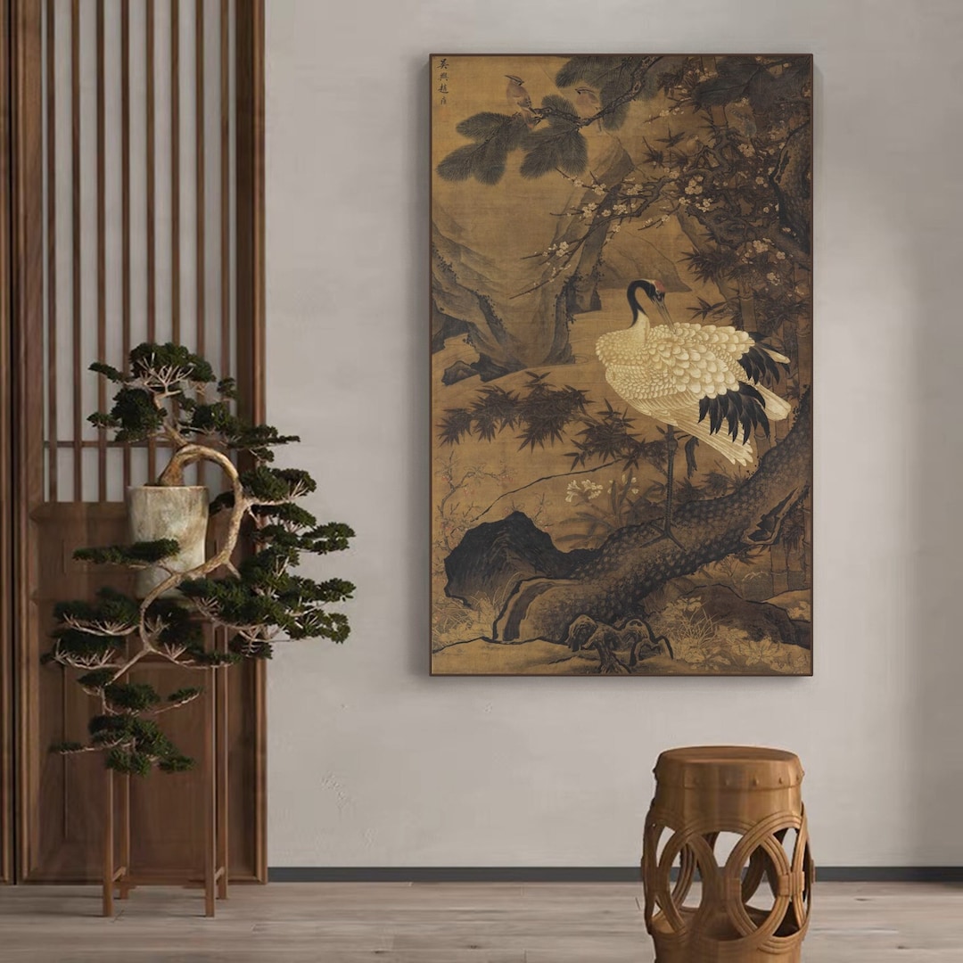 Chinese Traditional Gongbi Crane Painting, Antique Meticulous Red ...