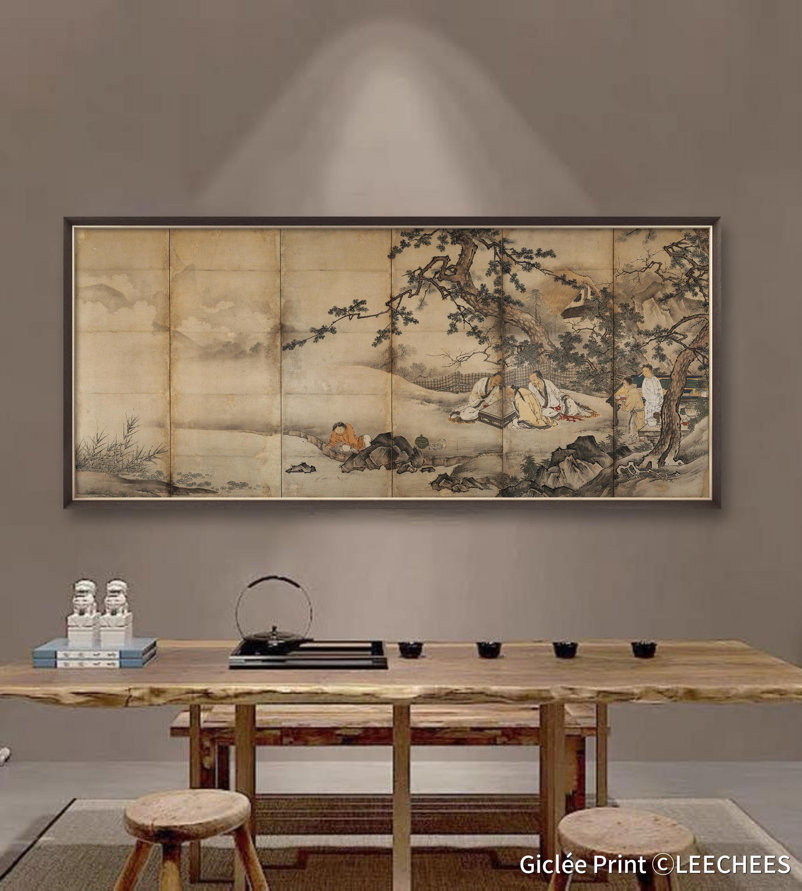 Japanese Literati Painting Screen Art, Playing Go Under the Pine Tree ...