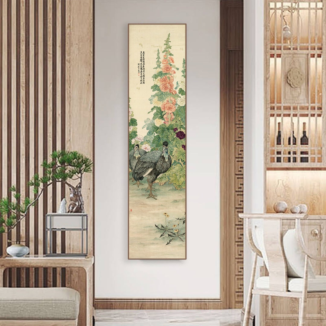 Hibiscus Rosa and Guinea Fowl, Chinese Meticulous Auspicious Painting ...