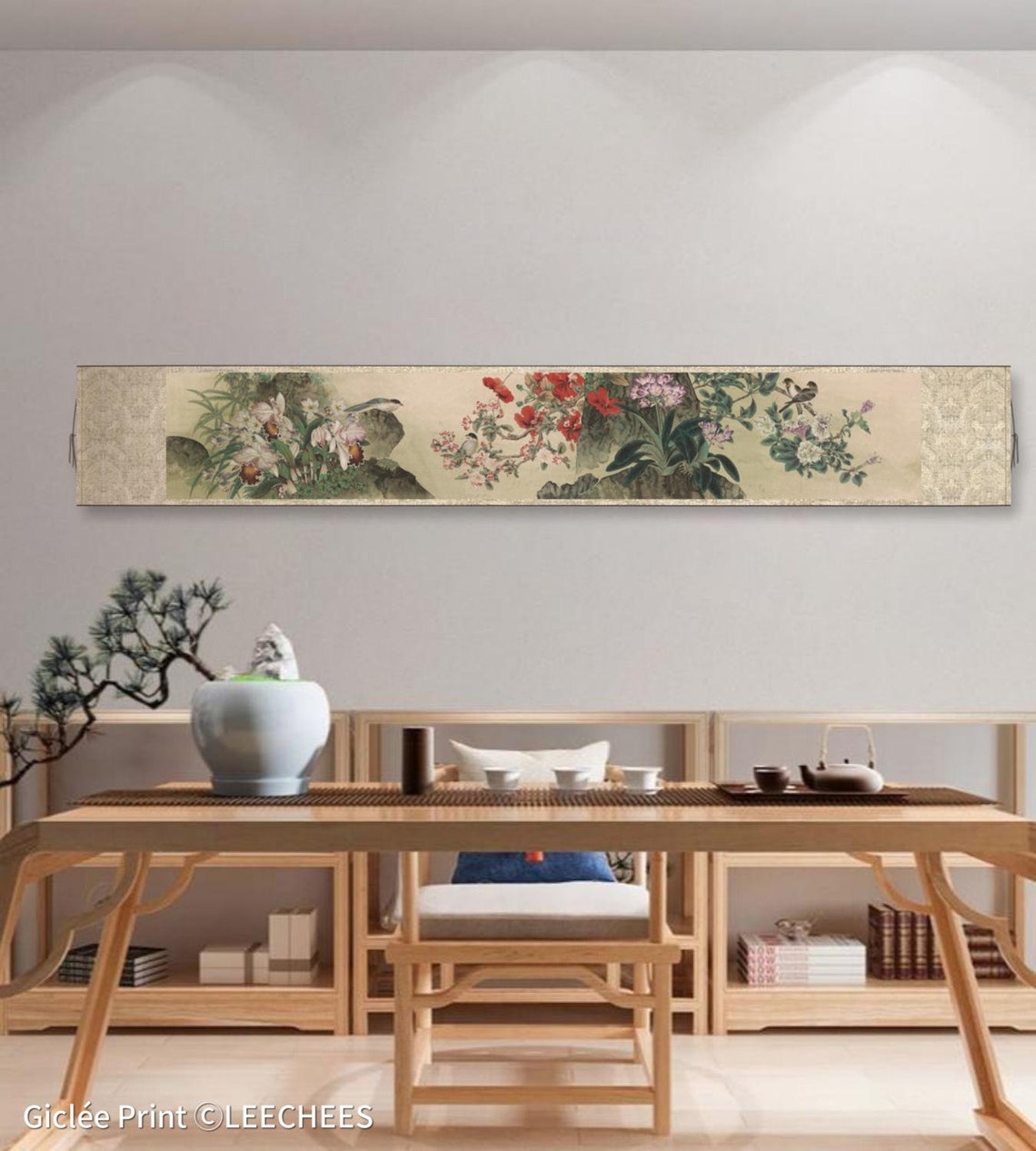 Chinese Traditional Gongbi Painting, Horizontal Narrow Floral and Bird ...