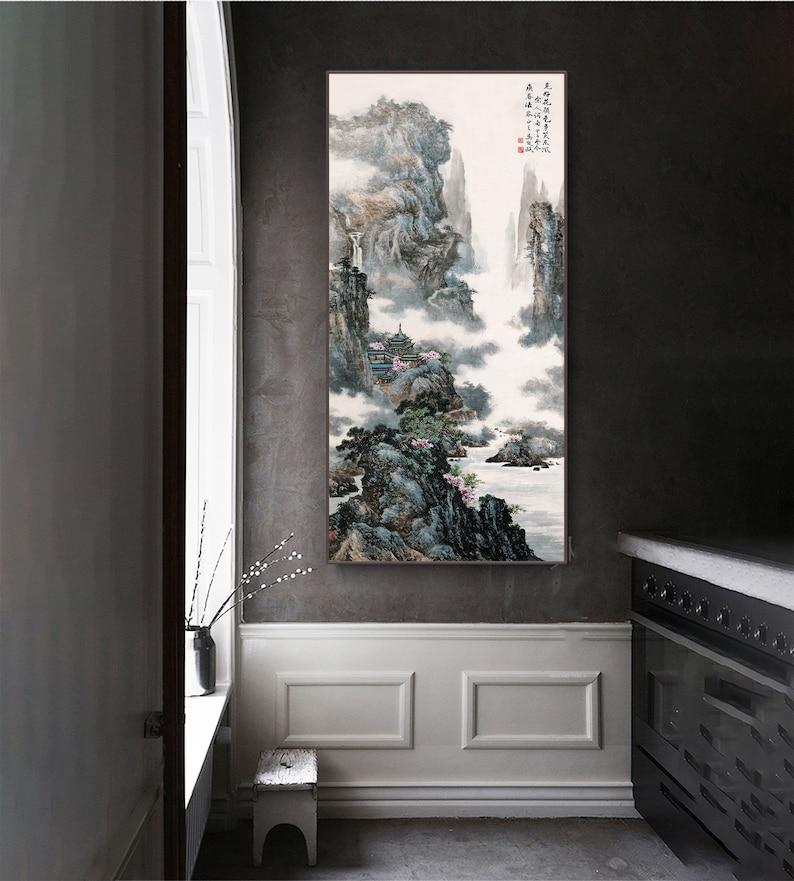 Large Vertical Chinese Landscape Painting, Giclee Print, Pavilion ...