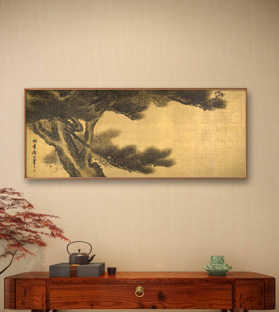 Japanese Pine Tree Brush Art, Long Horizontal East Asian Brush Painting ...