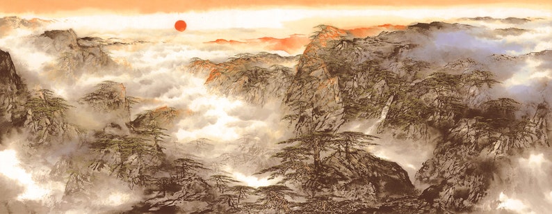 Cloud Mountain Red Sun, Chinese Feng Shui Decorative Painting Replica ...