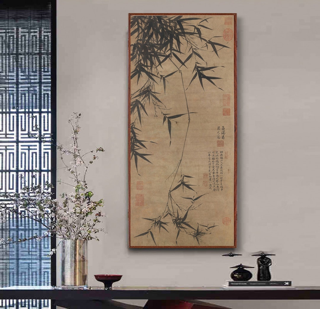 East Asian Vintage Style Minimal Bamboo Wall Art, Vertical Narrow ...