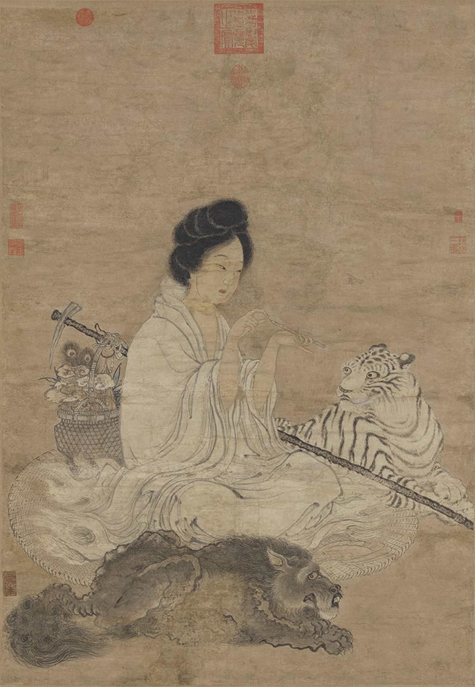 Fairy in White, White Tiger, Lion, Gongbi Maid Painting, Graceful ...