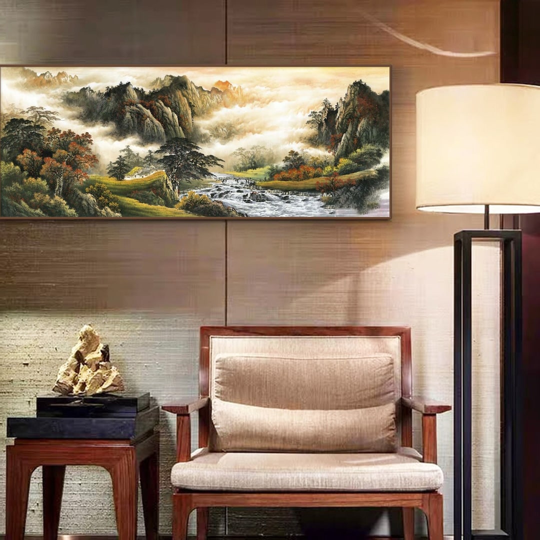 Autumn Scenery Ink Brush Painting, Large Wide Feng Shui Landscape ...