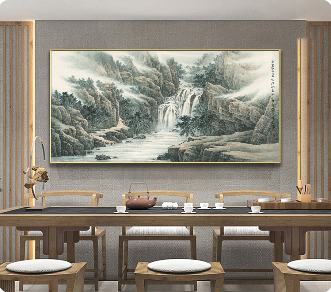 Shan Shui Art Giclee Print, Ink Wash Painting, Waterfalls and Mountains ...