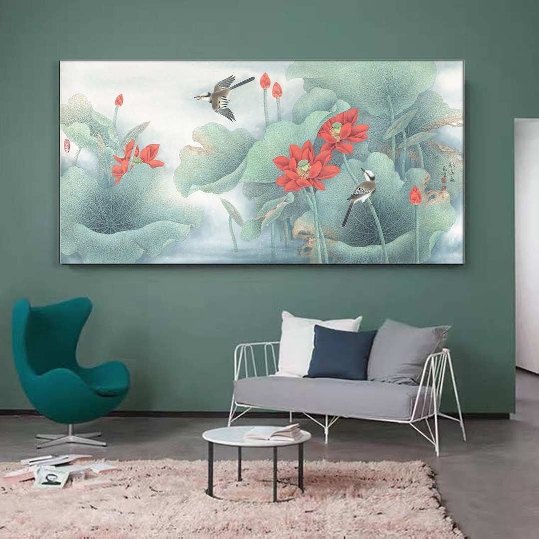 Extra Large Horizontal Red Lotus Wall Art, Chinese Meticulous Lotus ...