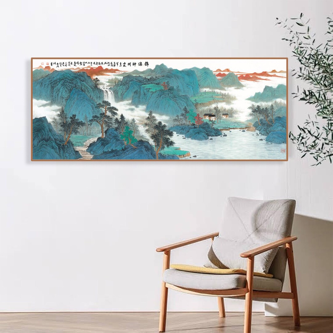 Blue-green Shan Shui Painting, Giclee Art Print, Extra Wide Large ...