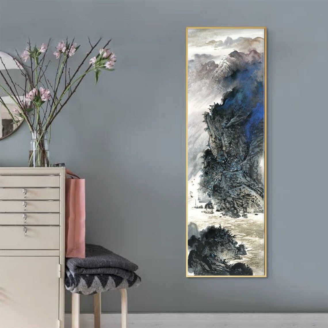 Set of 4 Vertical Narrow Mountain Art Abstract Ink Wash - Etsy