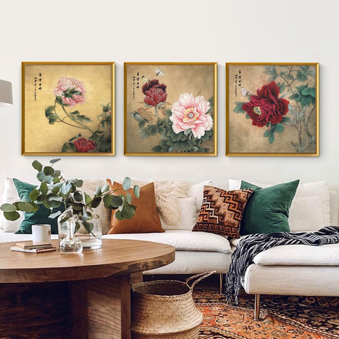 Retro Style Peony Art, Auspicious Peony Blossoms Painting, Chinese ...