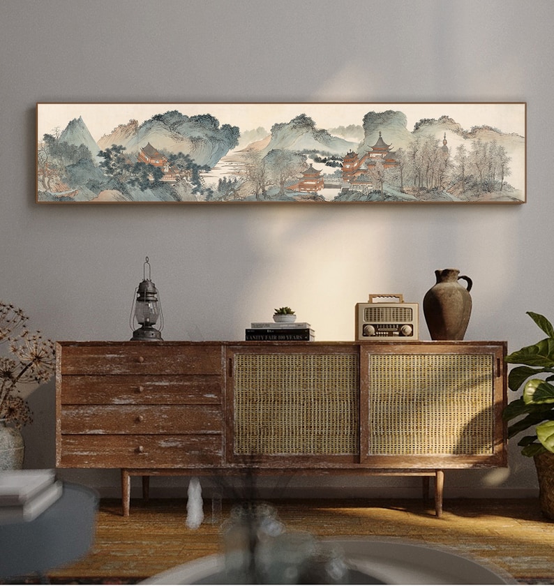 Chinese Ancient Loft Palace Pavilions in Mountains, Horizontal Narrow ...