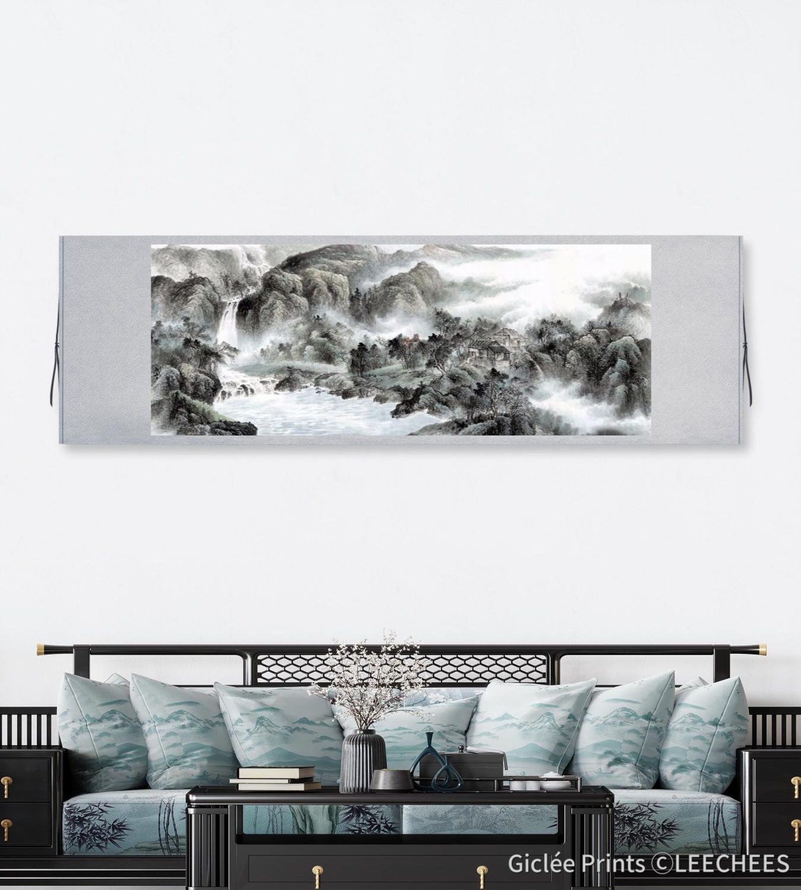 Black and White Mountain Painting, Misty Mountain Landscape Art ...