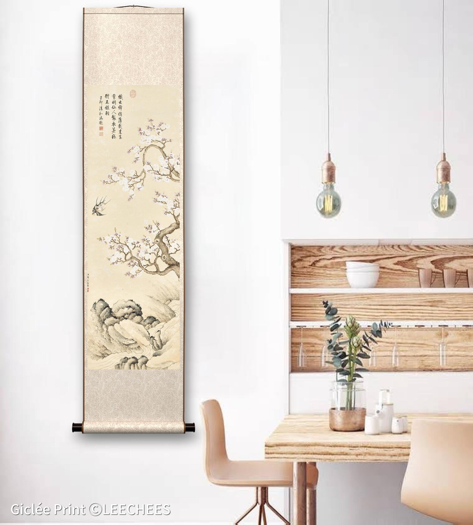 Apricot Blossoms With Twin Swallows, Vertical Narrow Hanging Scroll ...