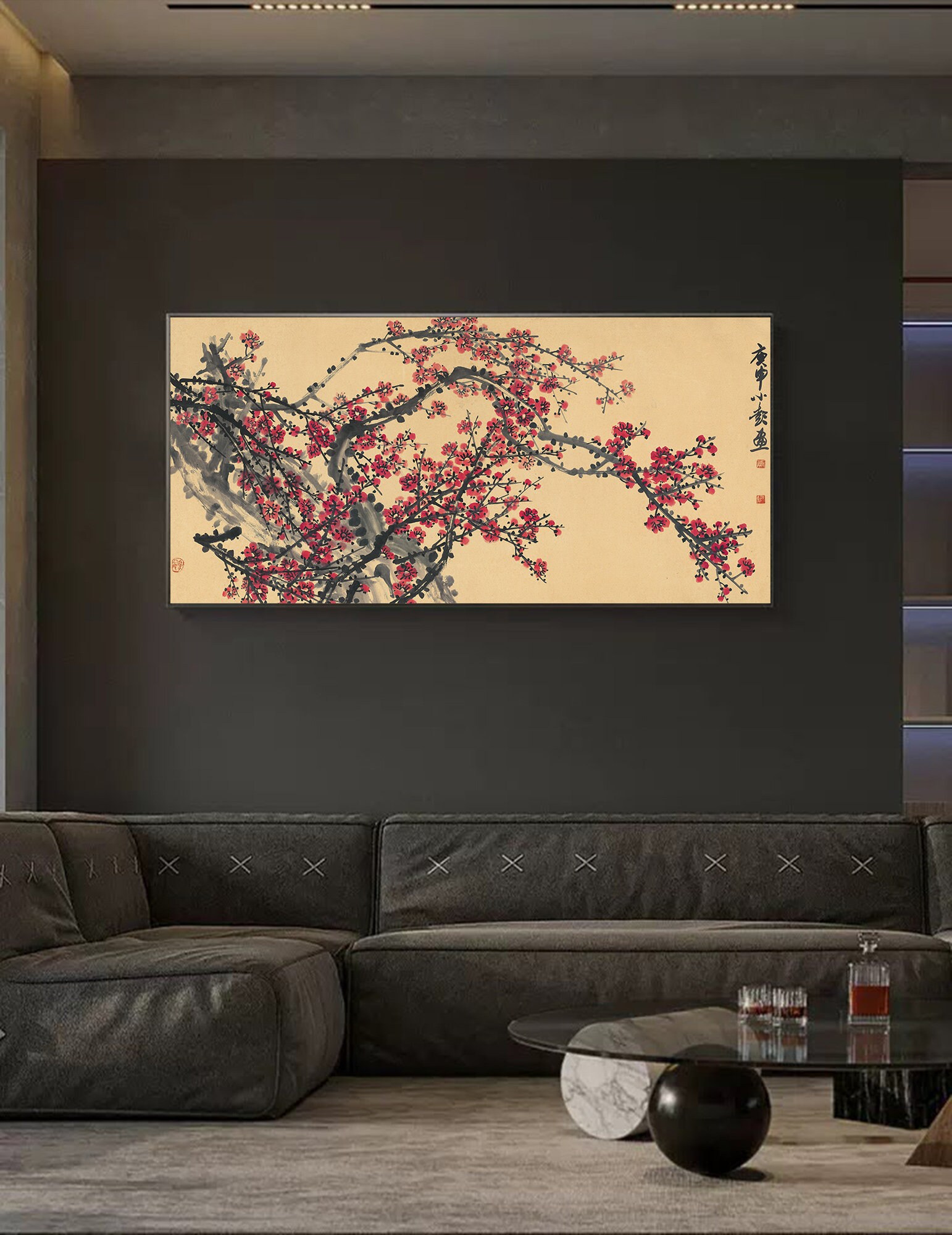 Passionate Full Bloomed Red Plum on Vintage Color Paper, Chinese Red ...