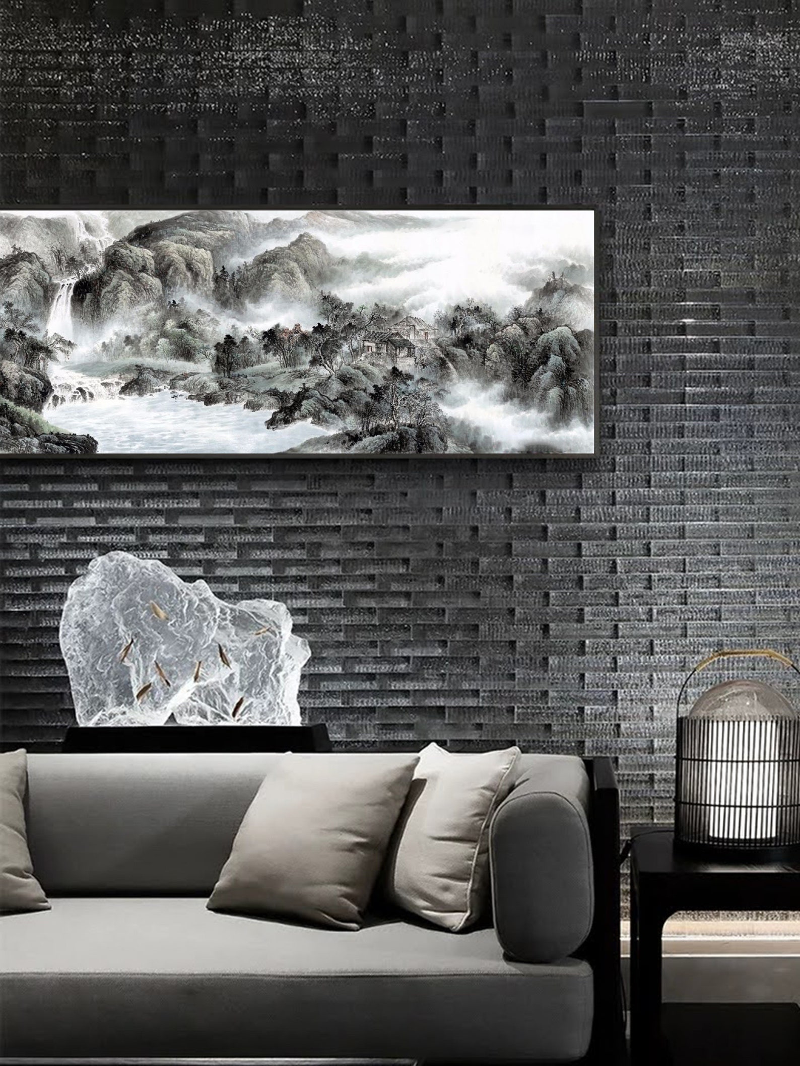 Black and White Mountain Painting, Misty Mountain Landscape Art ...