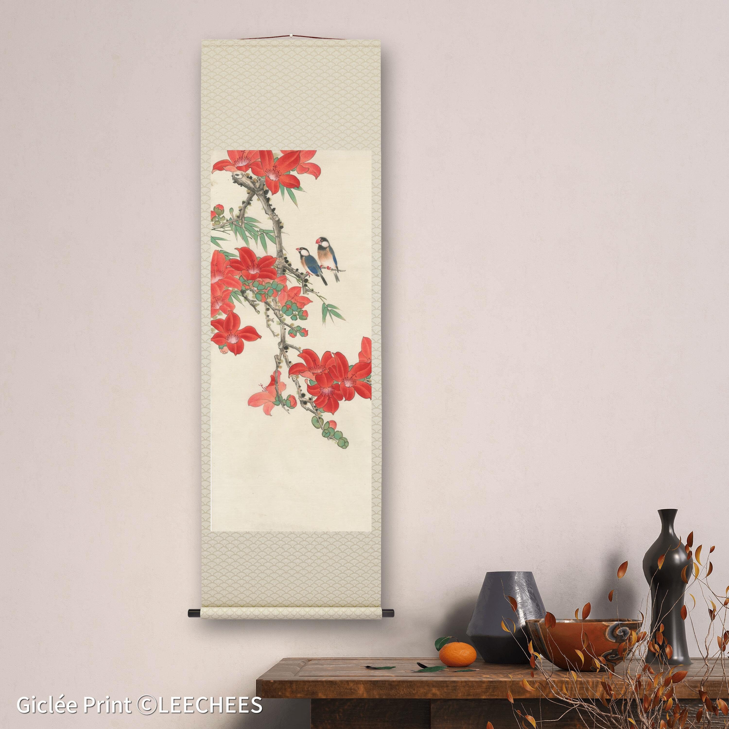 Red Azalea Blossoms and Little Blue Birds, Chinese Traditional Gongbi ...