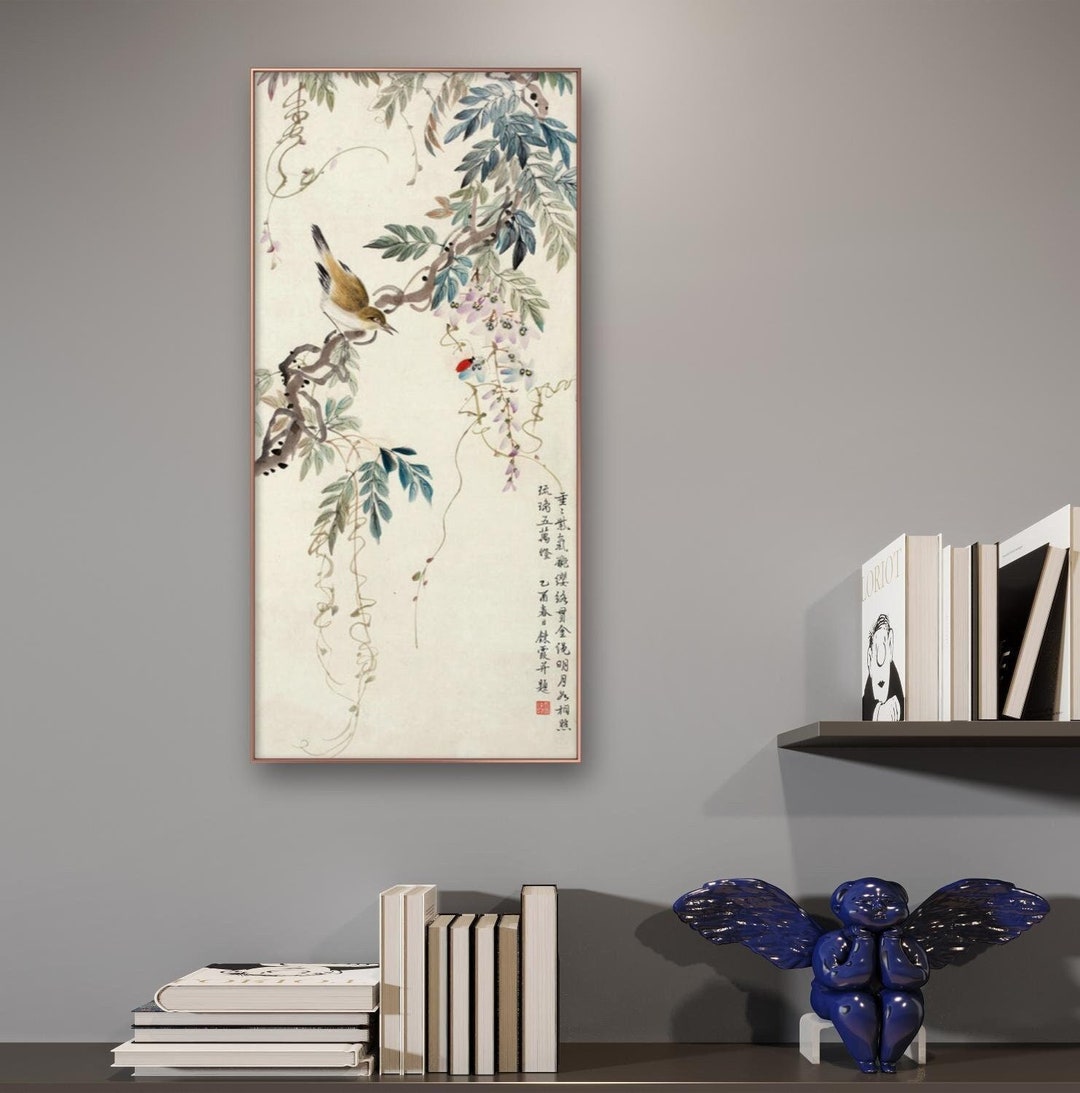 Wisteria Blossoms and Bird, Chinese Bird-and-lower Painting Print, Silk ...