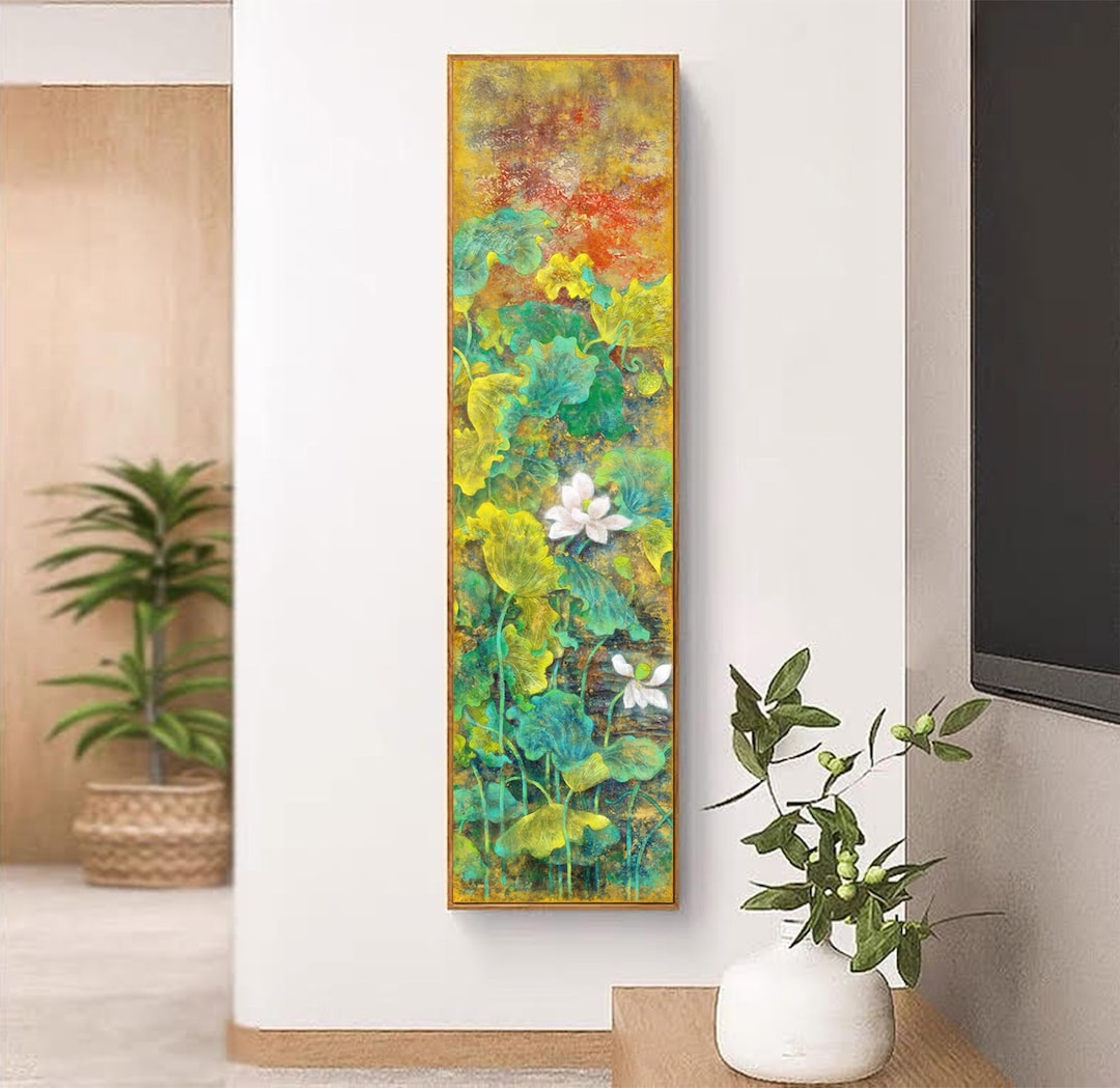 Vertical Narrow Green Lotus Leaves Wall Art, White Lotus Painting ...