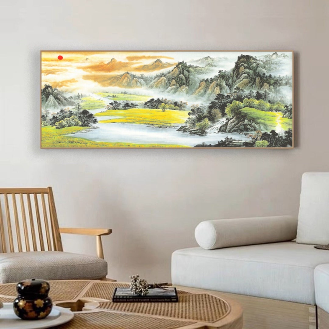 Spring Mountains and Lake, Classic Feng Shui Landscape Painting of Gold ...
